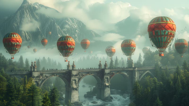 Large Display or Display of Hot Air Balloons Over an Old Bridge in a ...