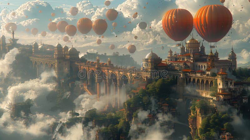 Large Display or Display of Hot Air Balloons Over an Old Bridge in a ...