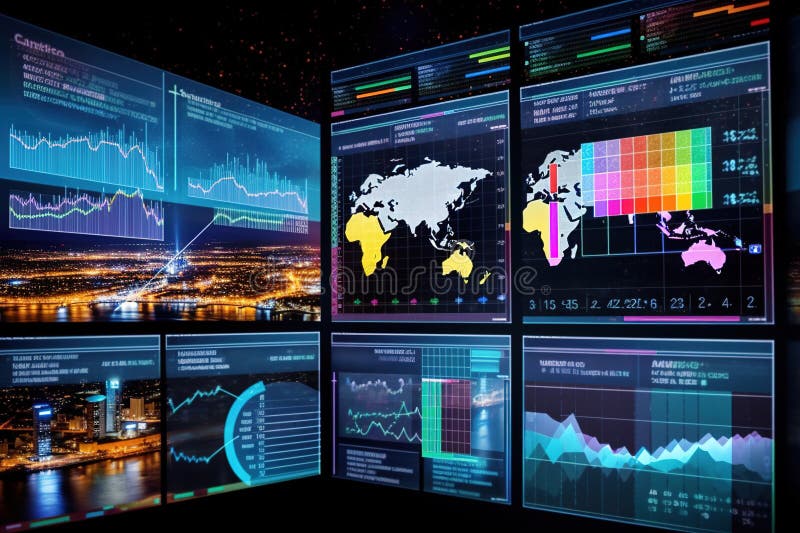 A Large Display of Multiple Screens with a Map of the World on Them. AI Generative Image Stock ...