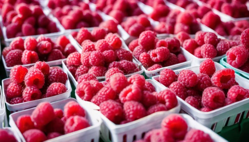 A Large Display of Red Raspberries in Baskets Stock Illustration ...