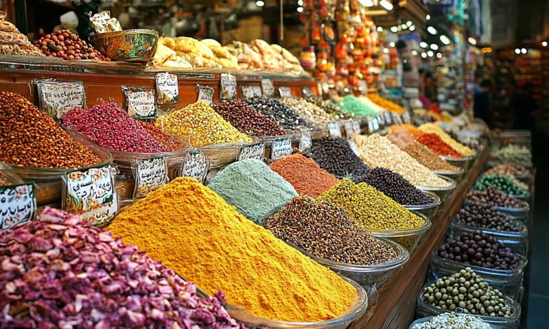 A Large Display of Spices is on a Table. the Spices are in Many ...