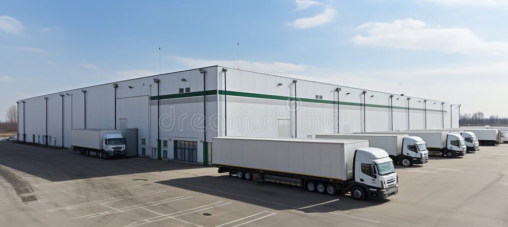Large Distribution Center with Multiple Trucks Parked in the Loading ...