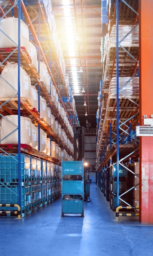 Large Distribution Warehouse Interior, Pallets and Boxes of Cargo Stack ...