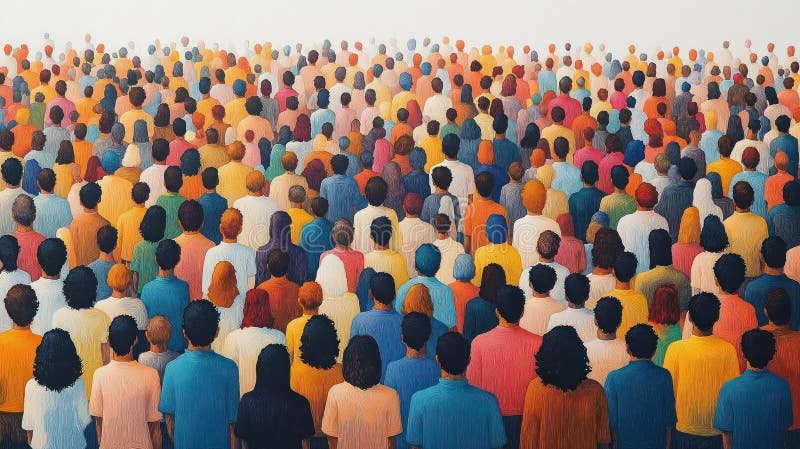 Large Diverse Crowd Seen from Behind. People Various Colors. Colorful ...