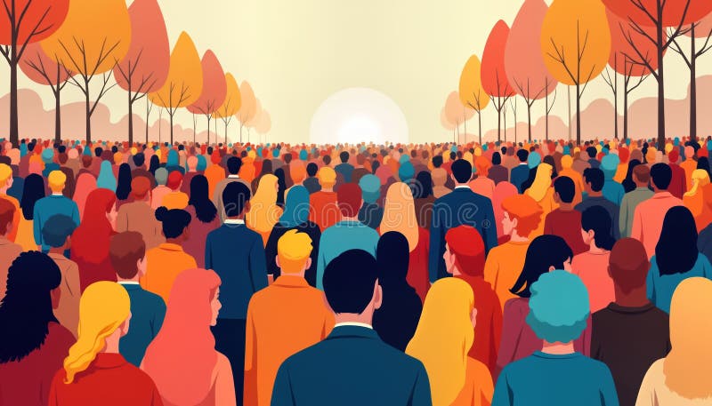 Large Diverse Crowd Walks Towards Central Point. People of Different ...