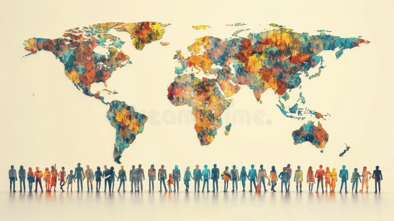 A Large and Diverse Group of People on the Background of a World Map ...