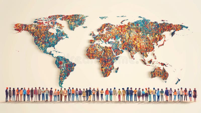 A Large and Diverse Group of People on the Background of a World Map ...