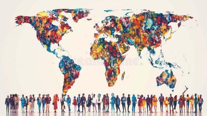 A Large and Diverse Group of People on the Background of a World Map ...