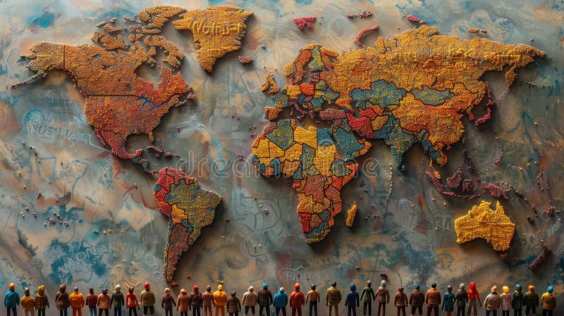 A Large and Diverse Group of People on the Background of a World Map ...