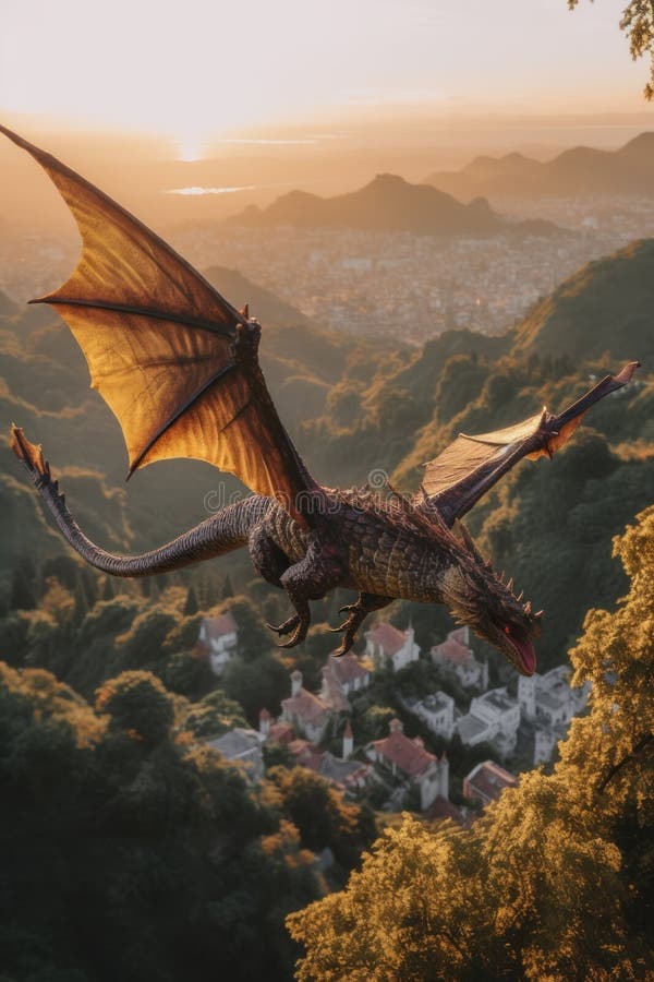 A Dragon Flying Over a City with a Castle in the Background. Generative ...