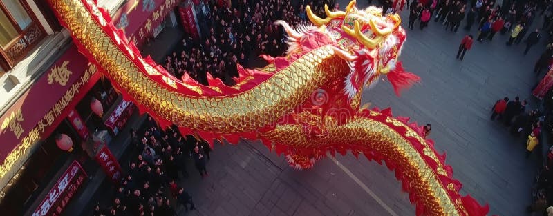 A Large Dragon is Hanging from the Ceiling in a Crowded Room Stock ...