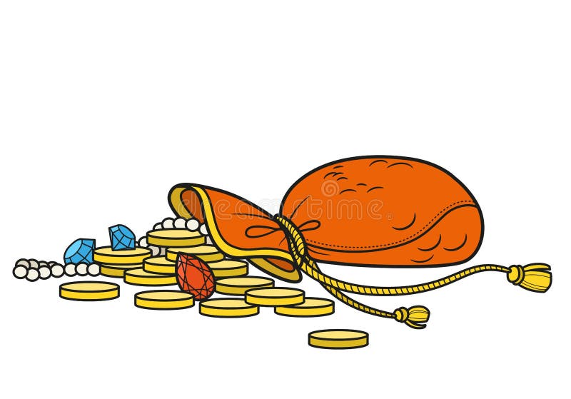 Large Drawstring Pouch with Scattered Coins and Gems Outlined for ...