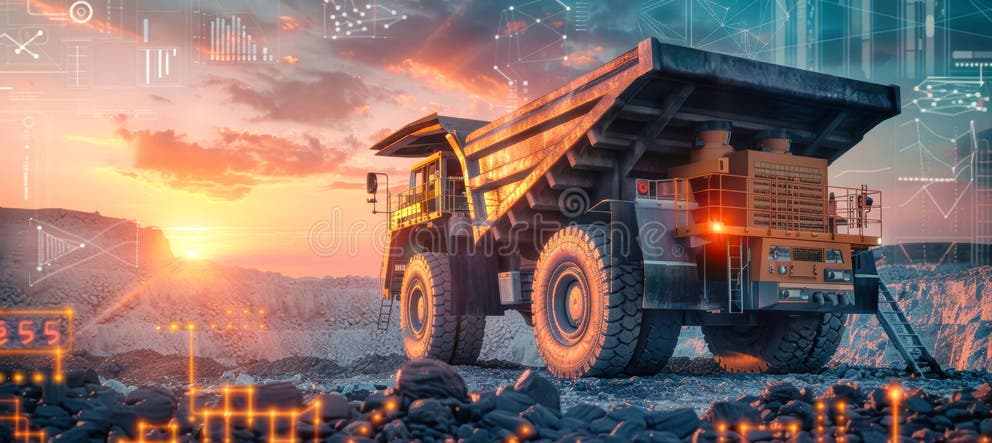 A Large Dump Truck Operates in a Quarry at Sunset, Its Activity ...