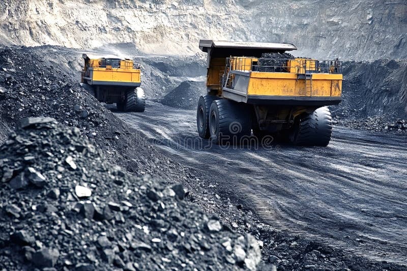 Large Dump Trucks Transporting Coal in Open Pit Coal Mine Stock Photo ...