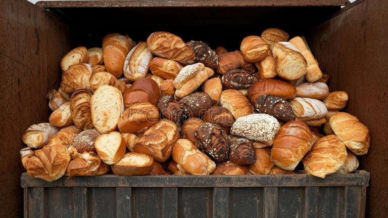 Large Trash Can Overflowing with Various Types of Discarded Bread ...
