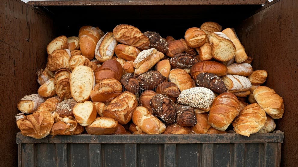 Large Trash Can Overflowing with Various Types of Discarded Bread ...