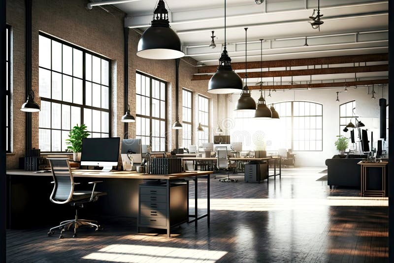 Large E of Empty Office Interior in Loft Style with Pendant Lamps and ...
