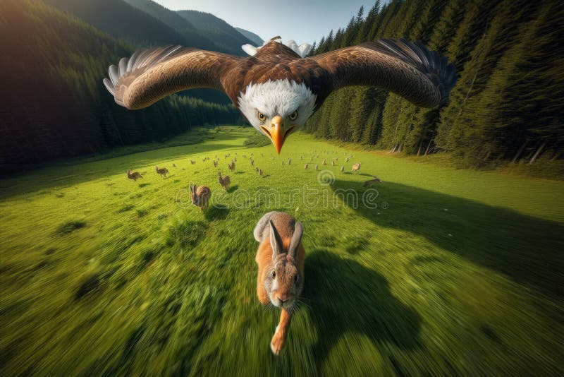 A Large Eagle is Chasing a Rabbit through a Field Stock Photo - Image ...