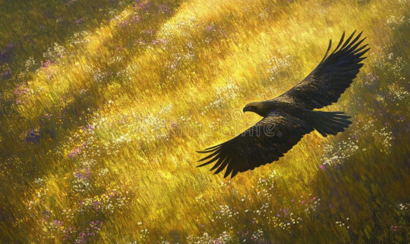 A Large Eagle is Flying Over a Field of Yellow Grass Stock Photo ...