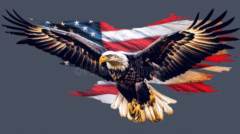 A Large Eagle is Flying Over a Red, White, and Blue American Flag Stock ...