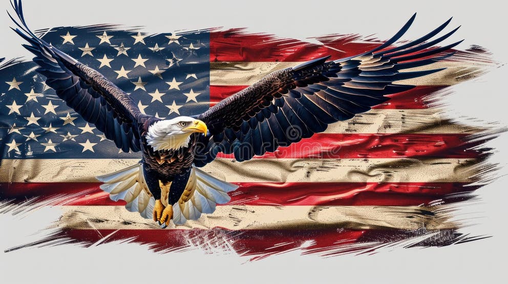 A Large Eagle is Flying Over a Red, White, and Blue American Flag Stock ...