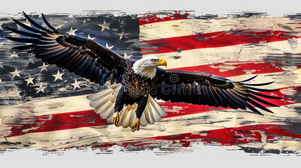 A Large Eagle is Flying Over a Red, White, and Blue American Flag Stock ...