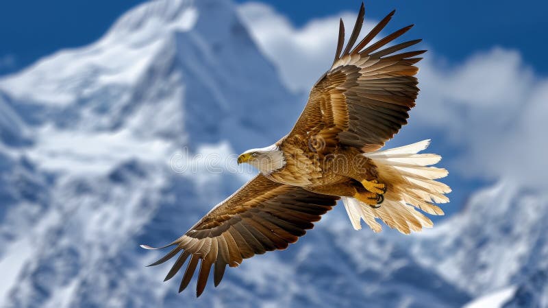A Large Eagle Flying Over a Snowy Mountain Range with Clouds in the Sky ...