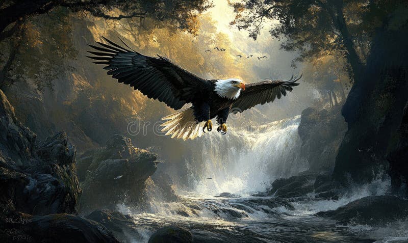 A Large Eagle is Flying Over a Waterfall Stock Image - Image of beak ...
