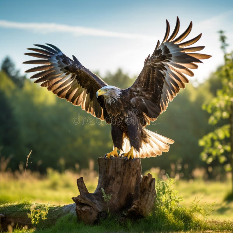 Large Eagle with Open Wings on Top of a Tree Trunk Stock Illustration ...