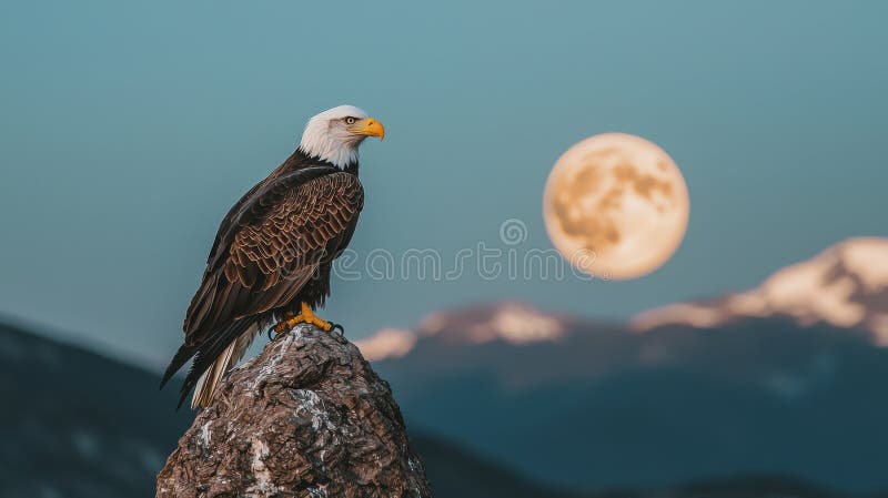 A Large Eagle is Perched on a Rock in Front of a Large Moon Stock ...