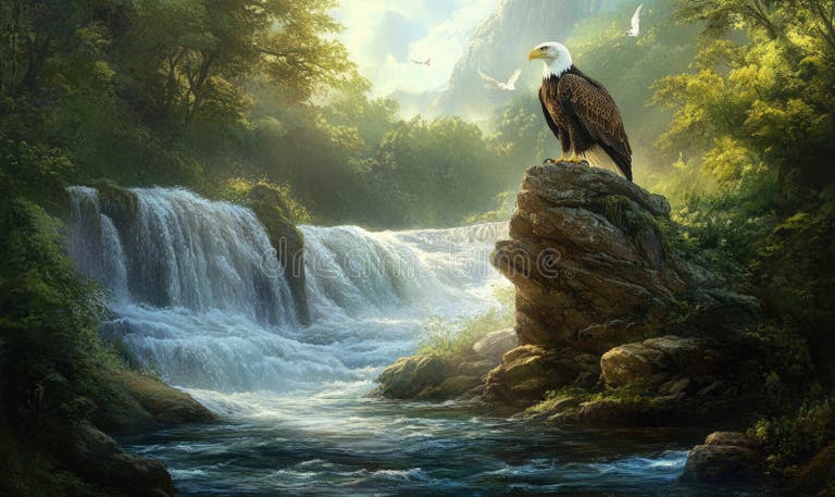 A Large Eagle is Perched on a Rock Near a Waterfall Stock Image - Image ...