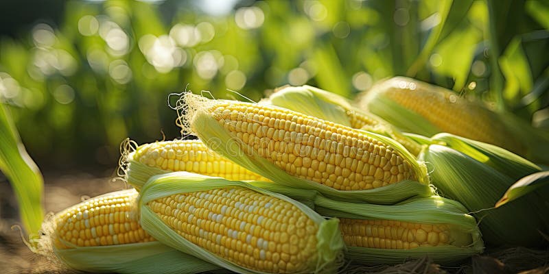 Large Ears of Ripe Corn Lie in a Pile in the Field. Close-up Stock ...