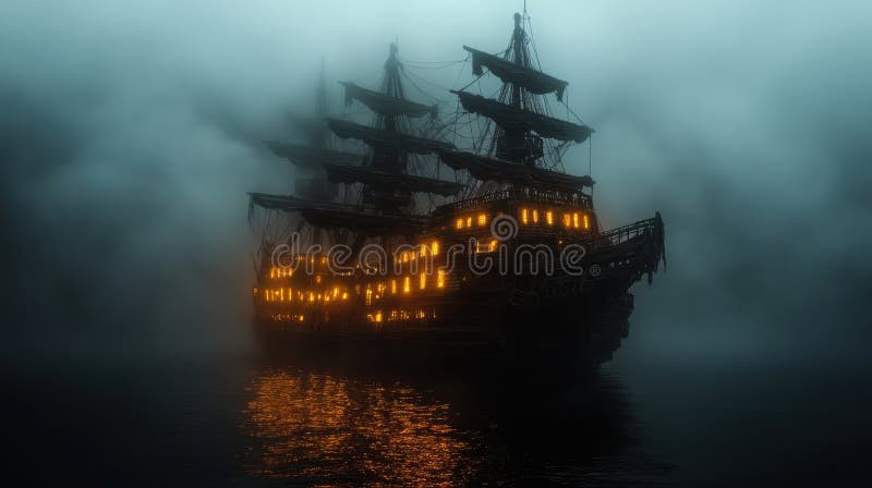 A Large, Eerie Ghost Ship with Glowing Windows Sails through Dense Fog ...