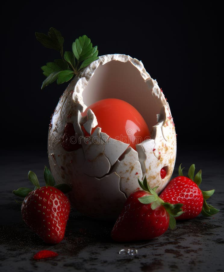 A Large Egg with a Strawberry on Top. a Broken Egg Shell with ...