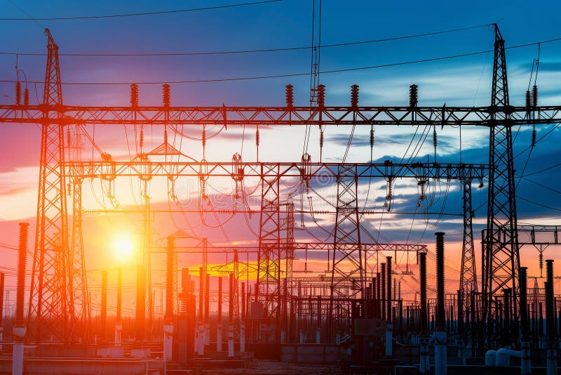 Silhouette of High-voltage Power Plant Against Vivid Sunset. Generative ...