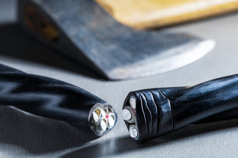 Large Electrical Power Cable Cut an Axe. Stock Photo - Image of damage ...