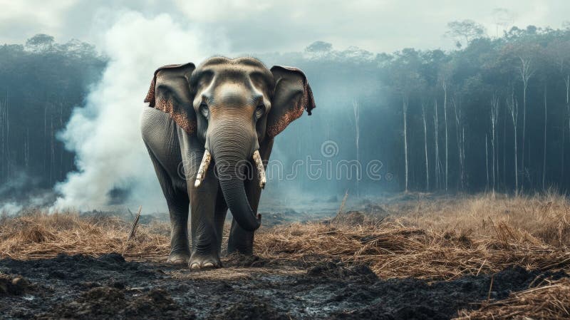 Large Elephant Amidst Forest Fire Smoke Stock Illustration ...