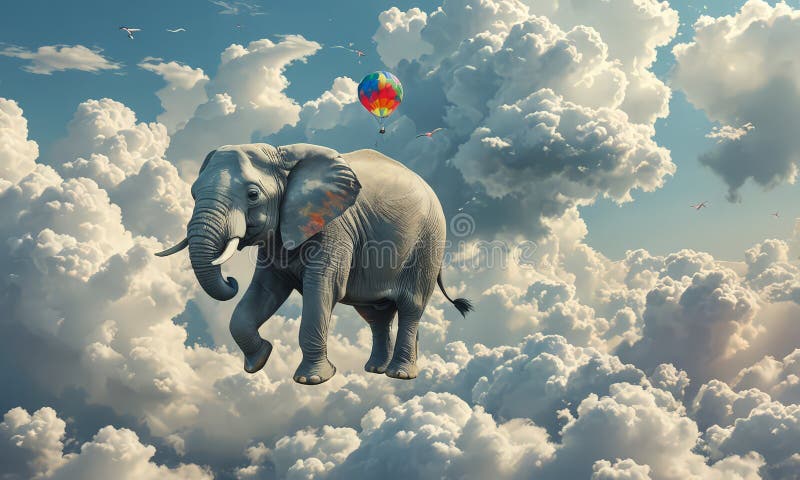 Large Elephant Flying in the Sky with Colorful Kite Stock Illustration ...