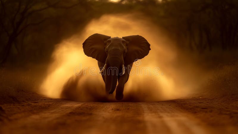 A Large Elephant is Running through the Desert, Kicking Up a Cloud of ...