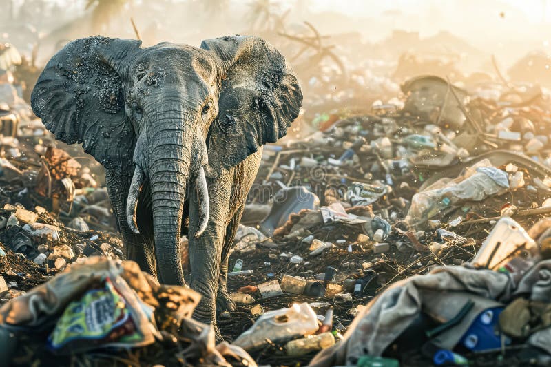 Large Elephant is Standing in a Pile of Trash Stock Photo - Image of ...