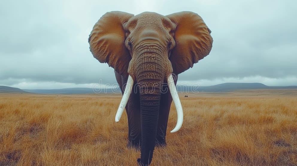 A Large Elephant Stands Alone in a Field Beneath a Cloudy Sky. Stock ...