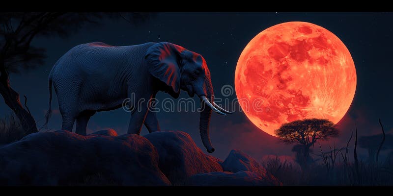 Large Elephant Stands in Front of a Red Moon Stock Illustration ...