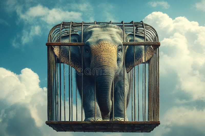 Elephant Confined in a Rusty Cage Against a Cloudy Sky Stock Photo ...