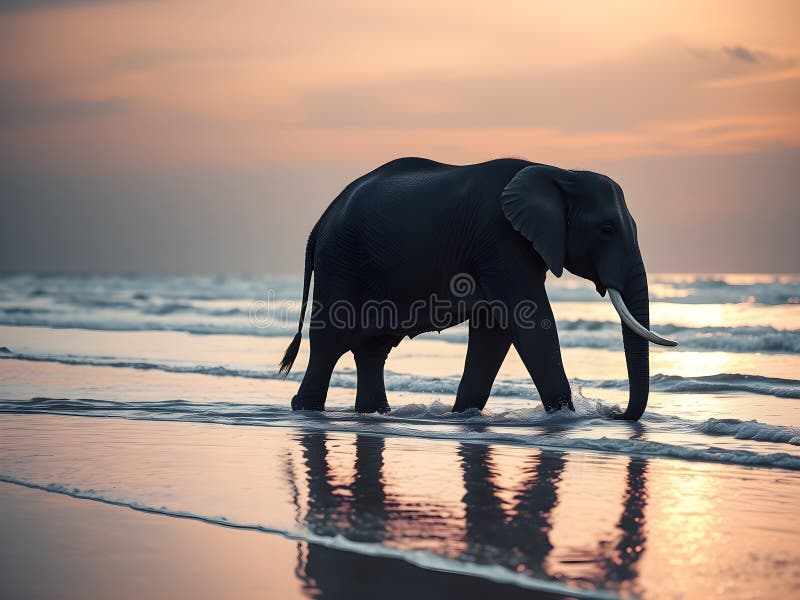 A Large Elephant is Walking on the Beach at Sunset Stock Illustration ...
