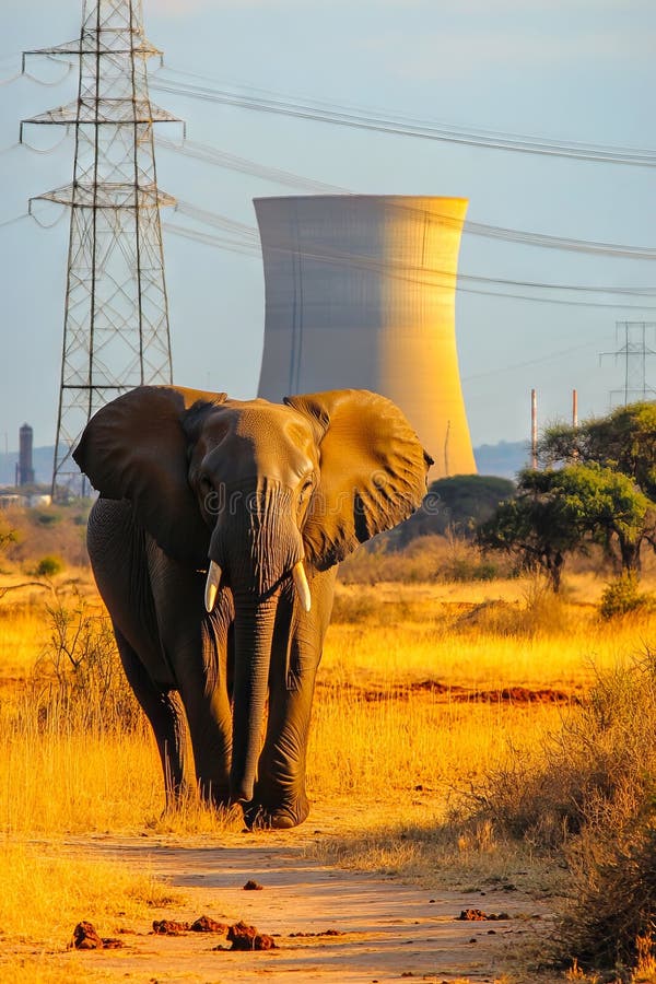 A Large Elephant Walking Down a Dirt Road Next To a Power Plant Stock ...