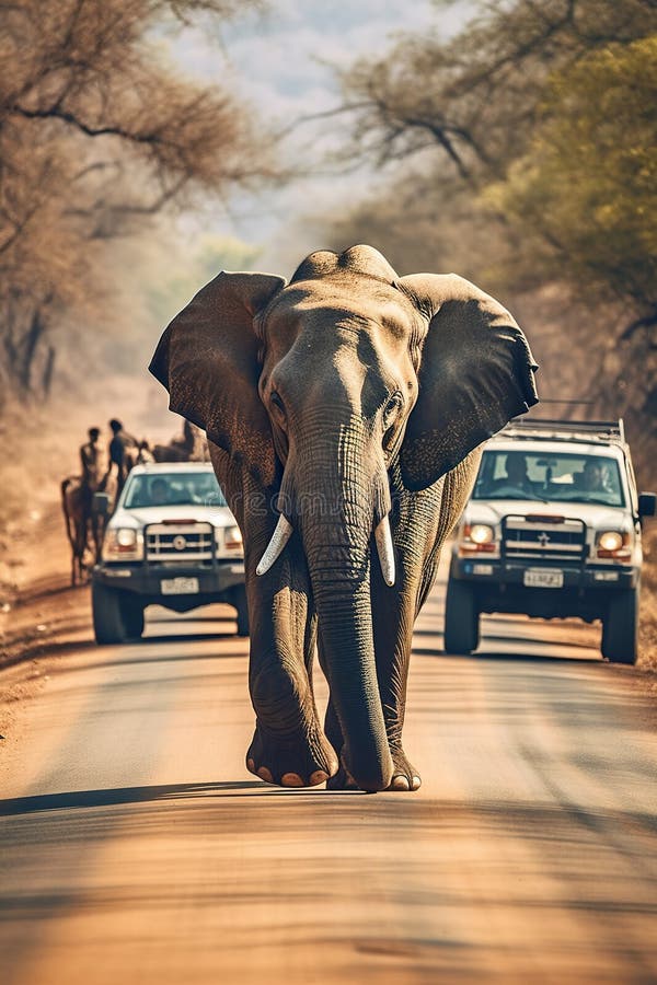 A Large Elephant Walking Down a Road Next To a Car. Generative AI Image ...