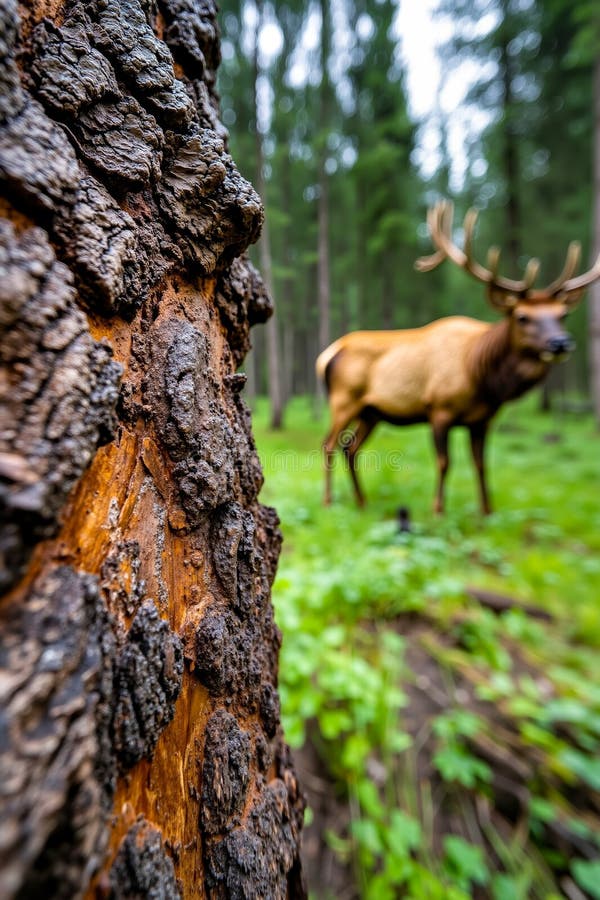 A Large Elk Standing Next To a Tree in a Forest Stock Image - Image of ...
