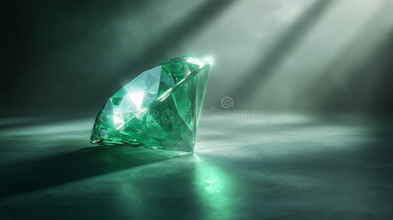 Large Emerald Diamond Shining on Dark Background with Beams of Light ...
