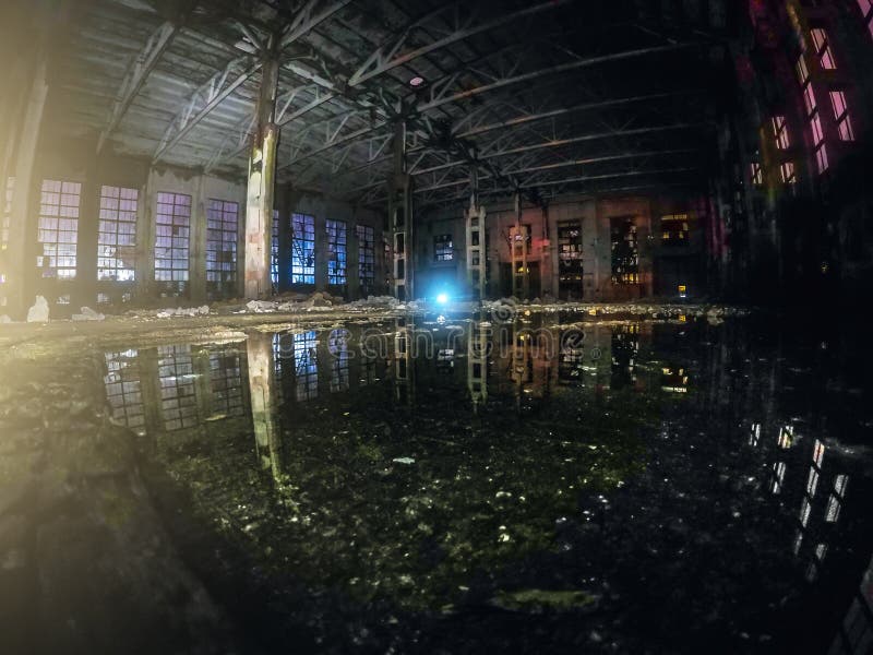 Large Empty Abandoned Warehouse Building or Factory Workshop at Night ...