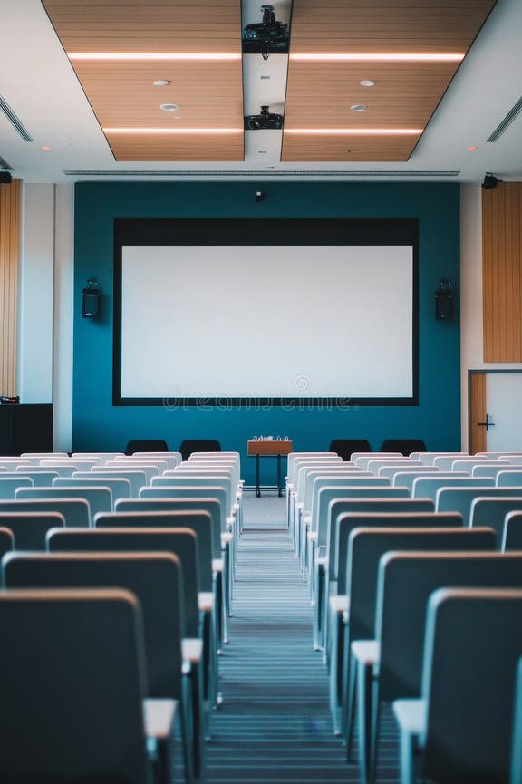 A Large Empty Auditorium with Rows of Chairs and a Projector Screen ...